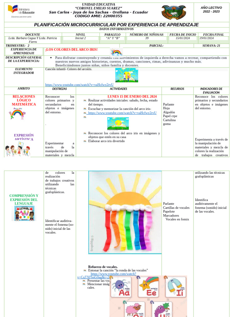 Planificación Microcurricular Inicial 2024 | PDF | Arco iris