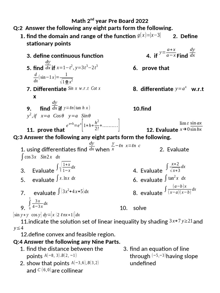22 Math 2nd Year PreBoard 2017 11-06-2022 For Merge Subjective | PDF ...