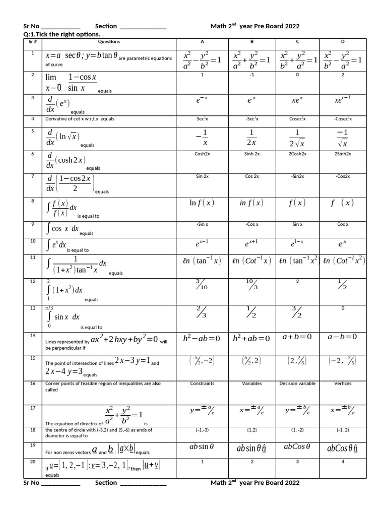 Math 2nd Year Pre Board 2022 Quiz | PDF | Perpendicular | Mathematical ...