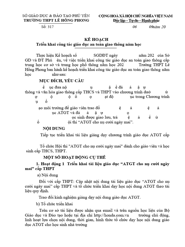 Ke Hoach Trien Khai ATGT Nam 2024-2025 | PDF
