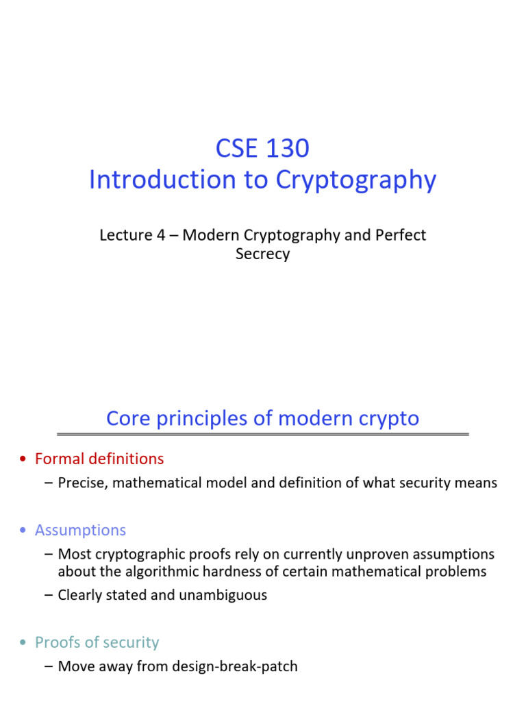 CSE 130 Lecture 04 - Modern Cryptography and Perfect Secrecy | PDF | Cryptography | Key ...