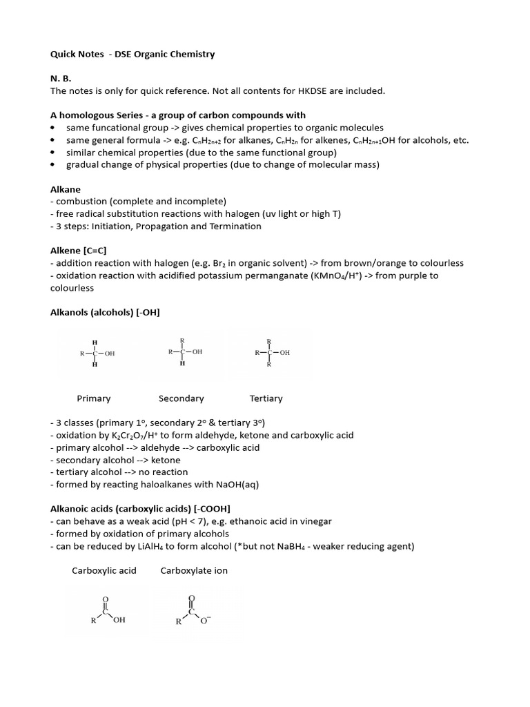 DSE Organic Chemistry Quick Reference Guide | PDF | Ester | Carboxylic Acid