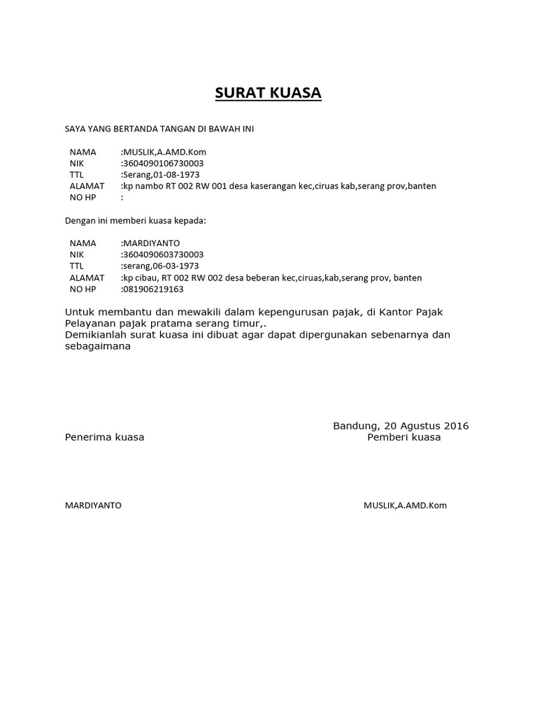 Surat Kuasa Pengurusan Pajak 2016 | PDF