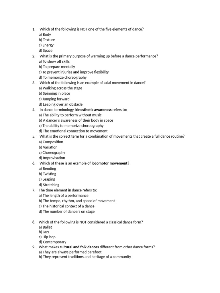 Dance and Theatre Fundamentals Quiz | PDF | Dances | Play (Theatre)