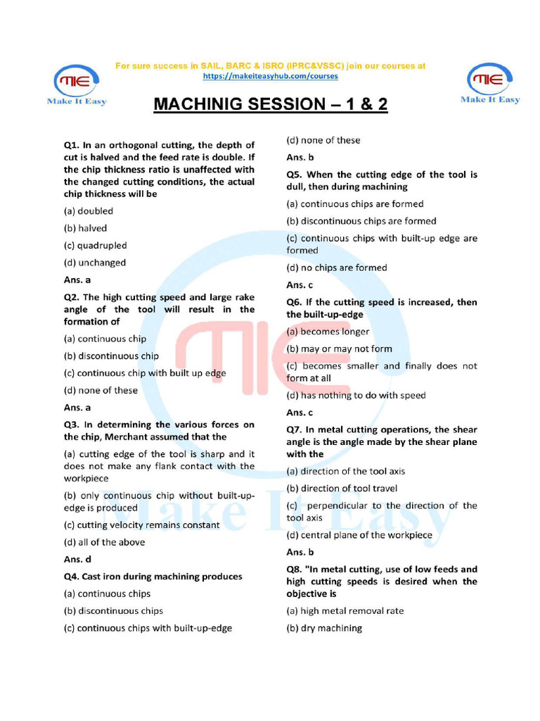 MCQ Basic Level Machining MCQ Basic Level Lec 1 & 2 MaImTgArtist | PDF