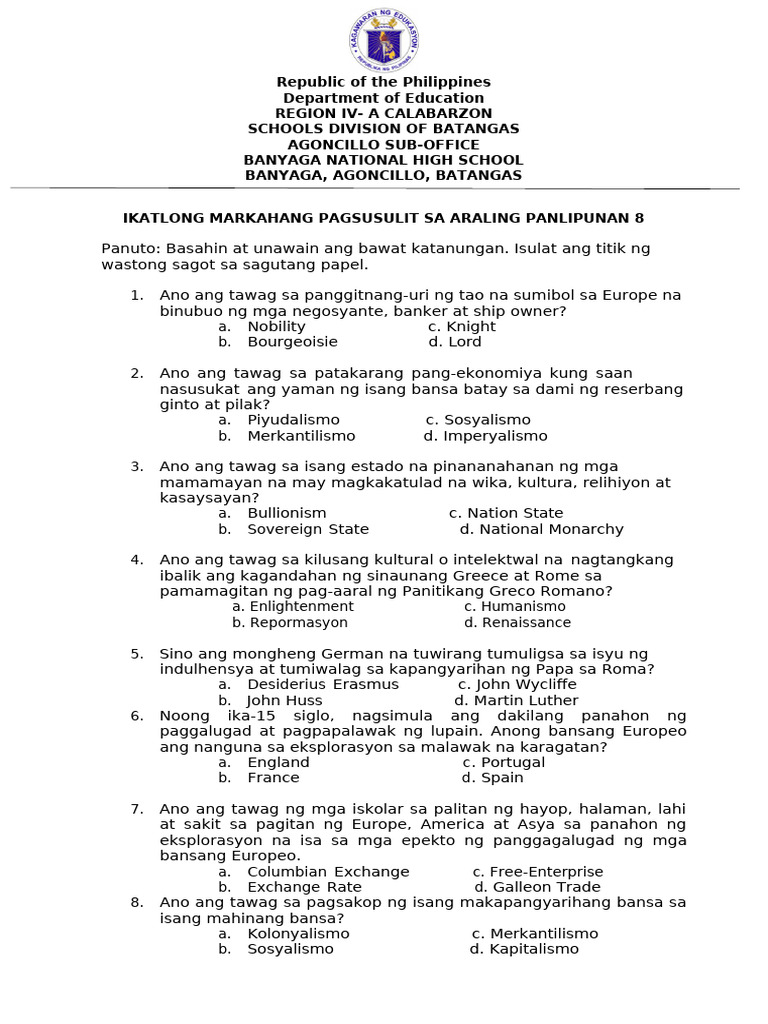 3rd Quarterly Exam in AP8 | PDF