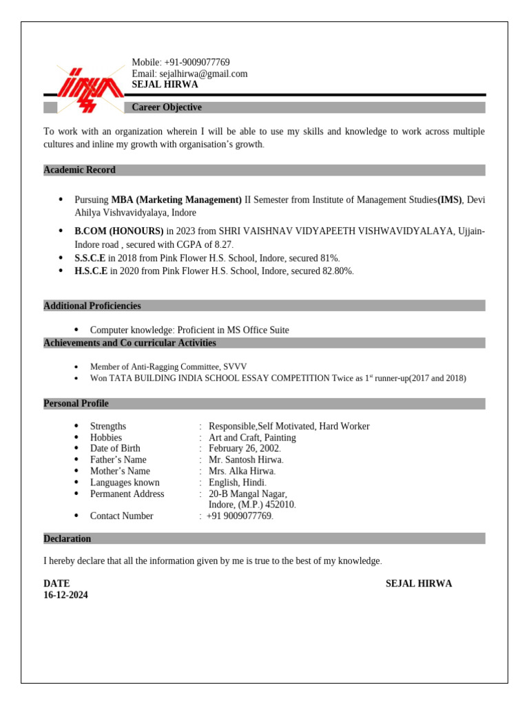 Ims Sejal Hirwa Resume | PDF