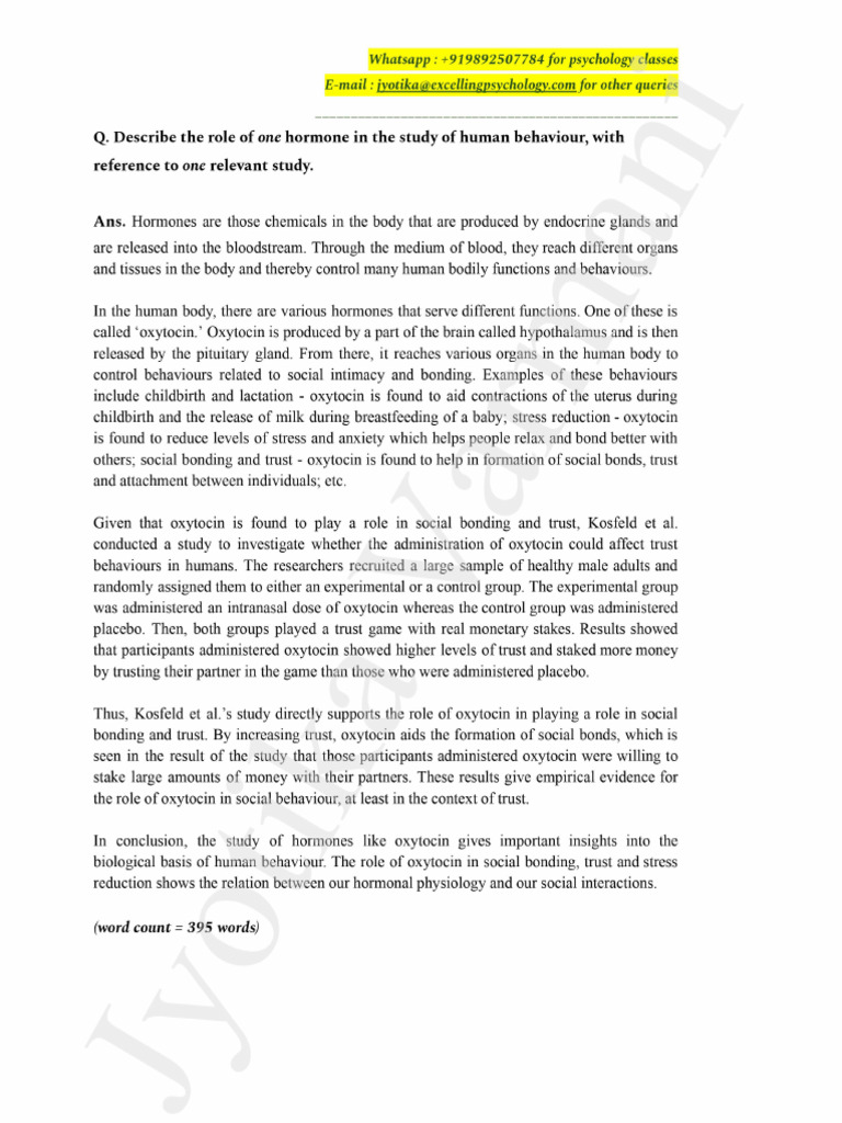 IB Psychology Model SAQs For Paper 1 Hormones and Behaviour by Jyotika ...