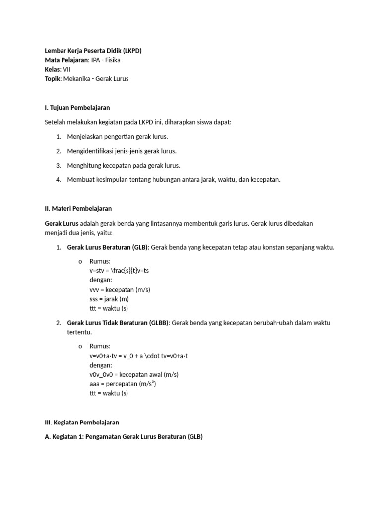 LKPD Mekanika Gerak Lurus | PDF