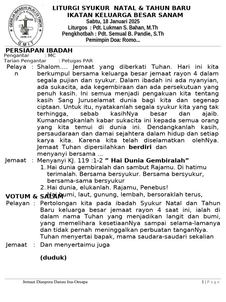 Rancangan Liturgi Ibadah Syukuran Natal Ikb Sanam | PDF