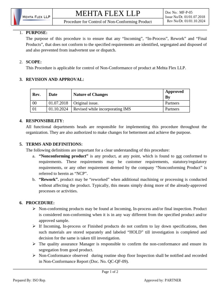 Non-Conforming Product Control Procedure | PDF