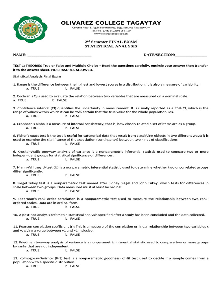 Statistical Analysis Final Exam Guide | PDF | Statistics | Hypothesis