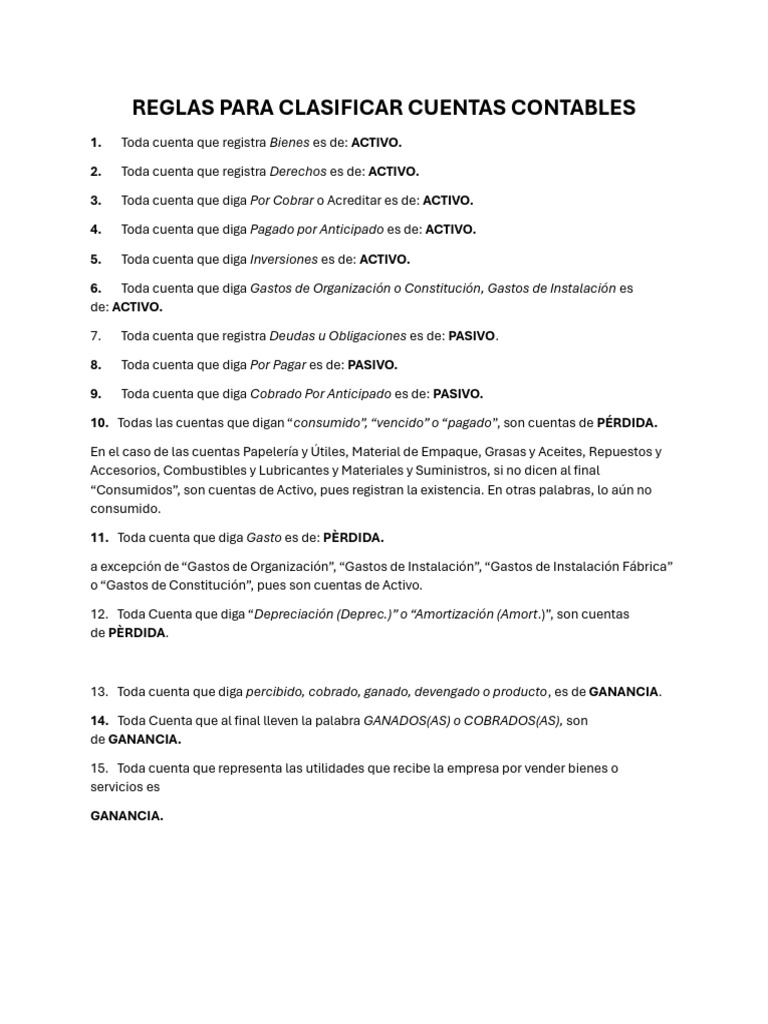 REGLAS PARA CLASIFICAR CUENTAS CONTABLES | PDF