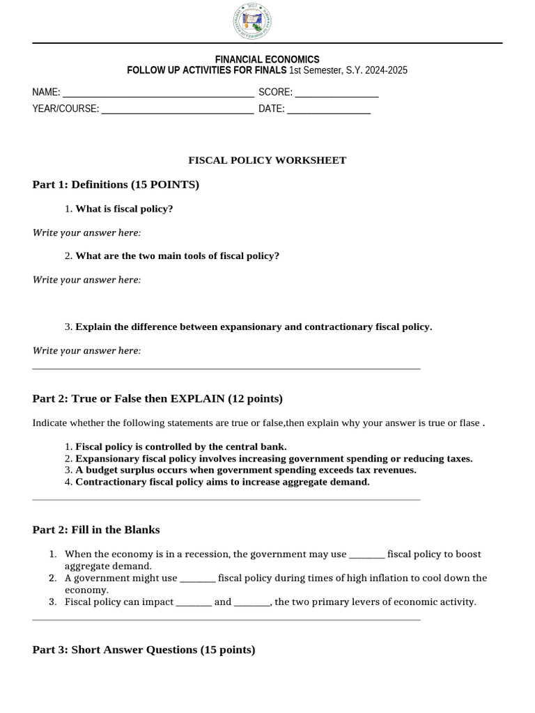 Fiscal and Monetary Policy Worksheets | PDF | Fiscal Policy | Monetary ...