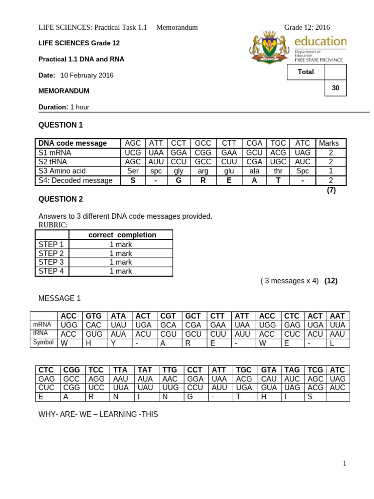 Grade 12 Memorandum Practical Task 1 Fs Life Sciences 2016 | PDF | Chemistry | Biochemistry