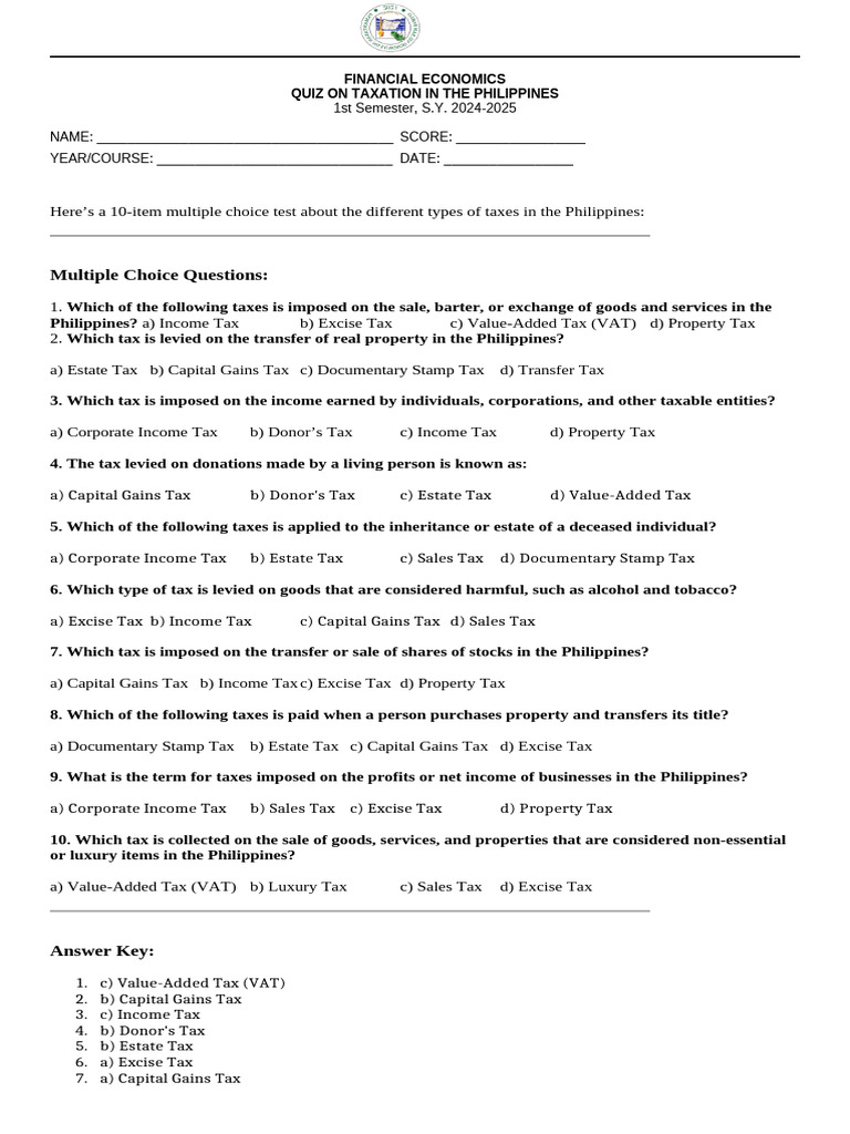 Taxation Quiz for Philippine Economics | PDF | Taxes | Taxpayer