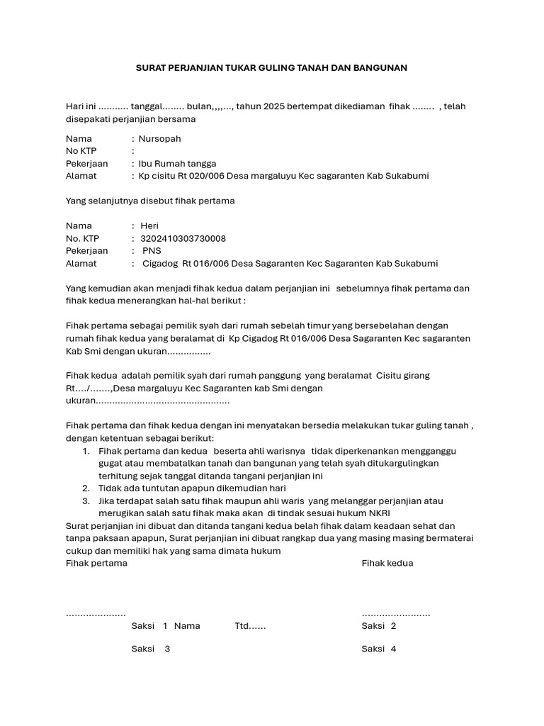 Surat Perjanjian Tukar Guling Tanah | PDF
