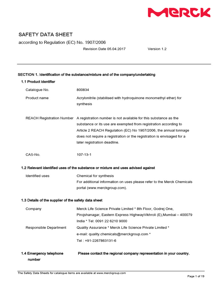Safety Data Sheet Acrylonitrile | PDF | Toxicity | Sodium Hydroxide