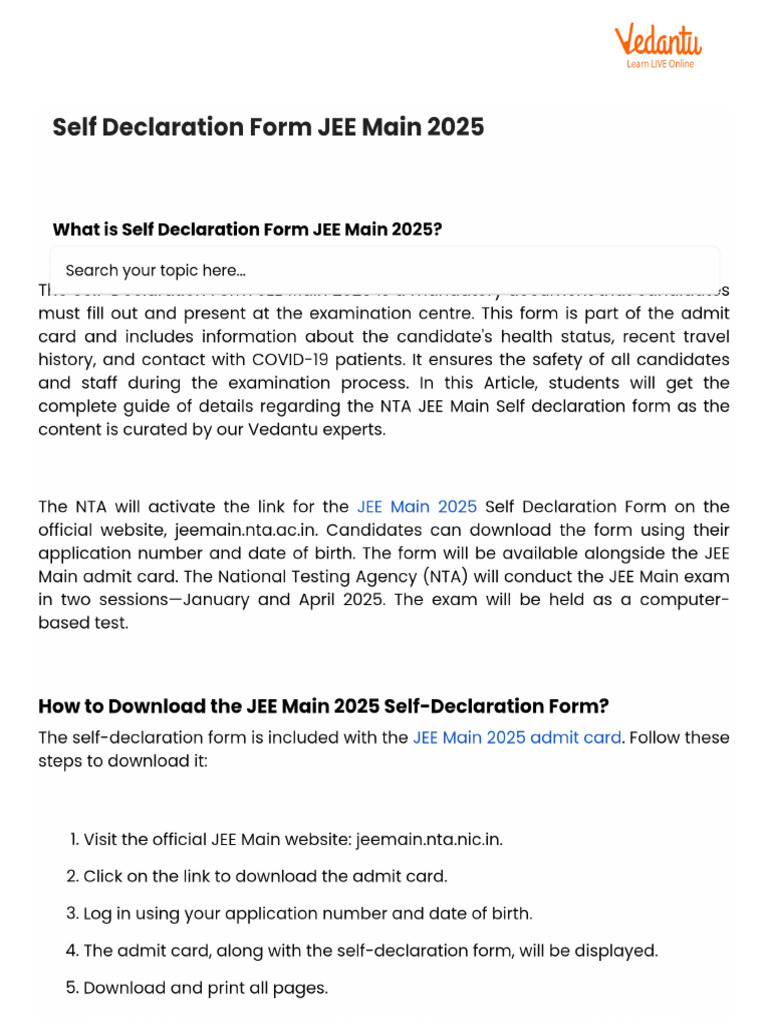 Self Declaration Form JEE Main 2025 | PDF