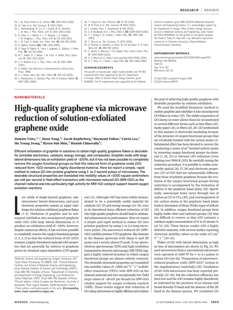 High-Quality Graphene Via Microwave Reduction of Solution-Exfoliated ...