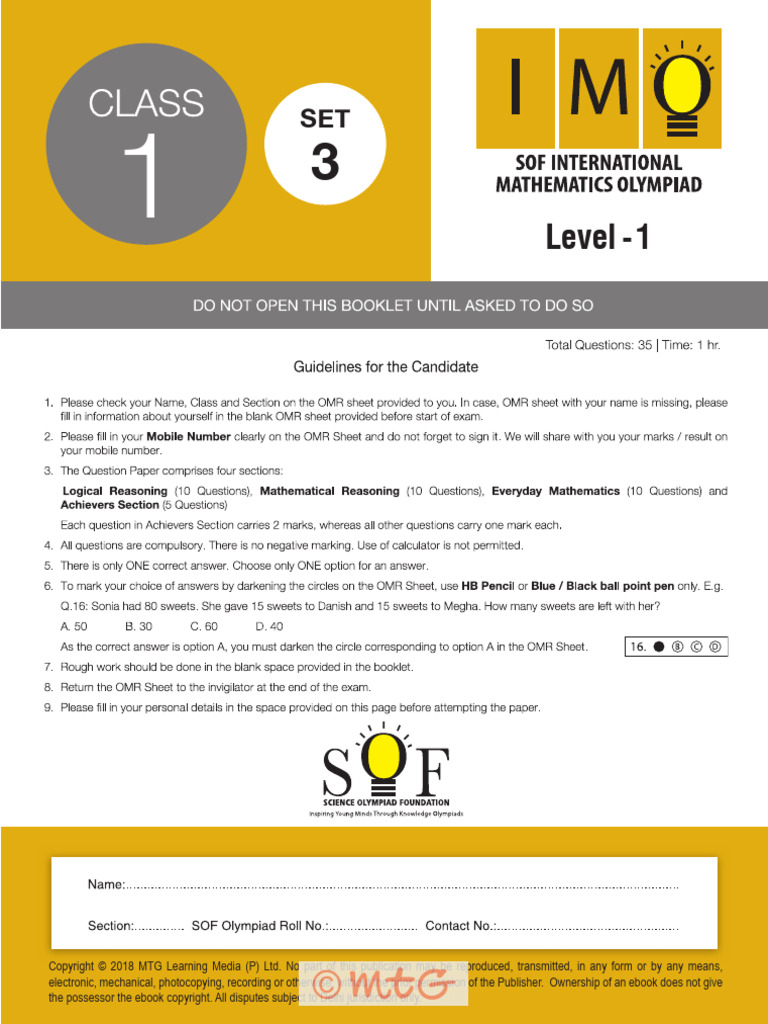Imo Level1 Class 1 Set 3 | PDF