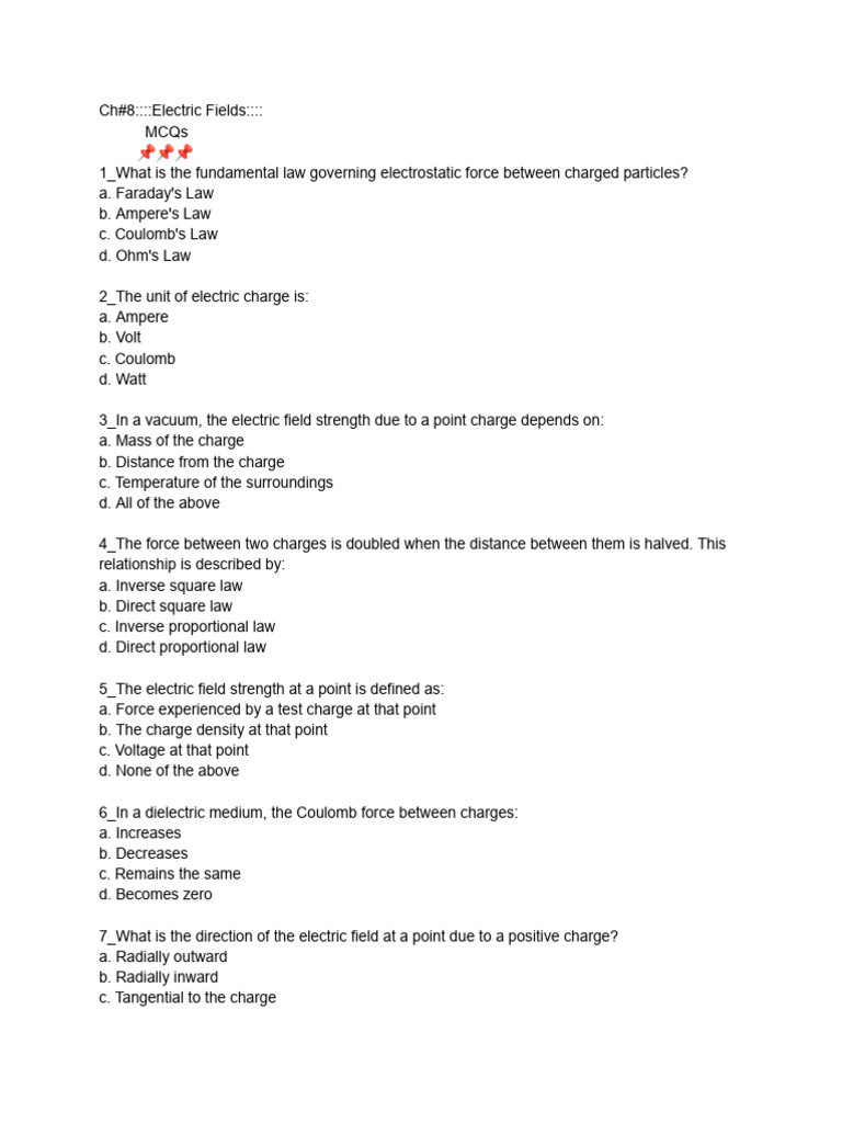 Electric Fields MCQs for Students | PDF | Electric Field | Electric Charge