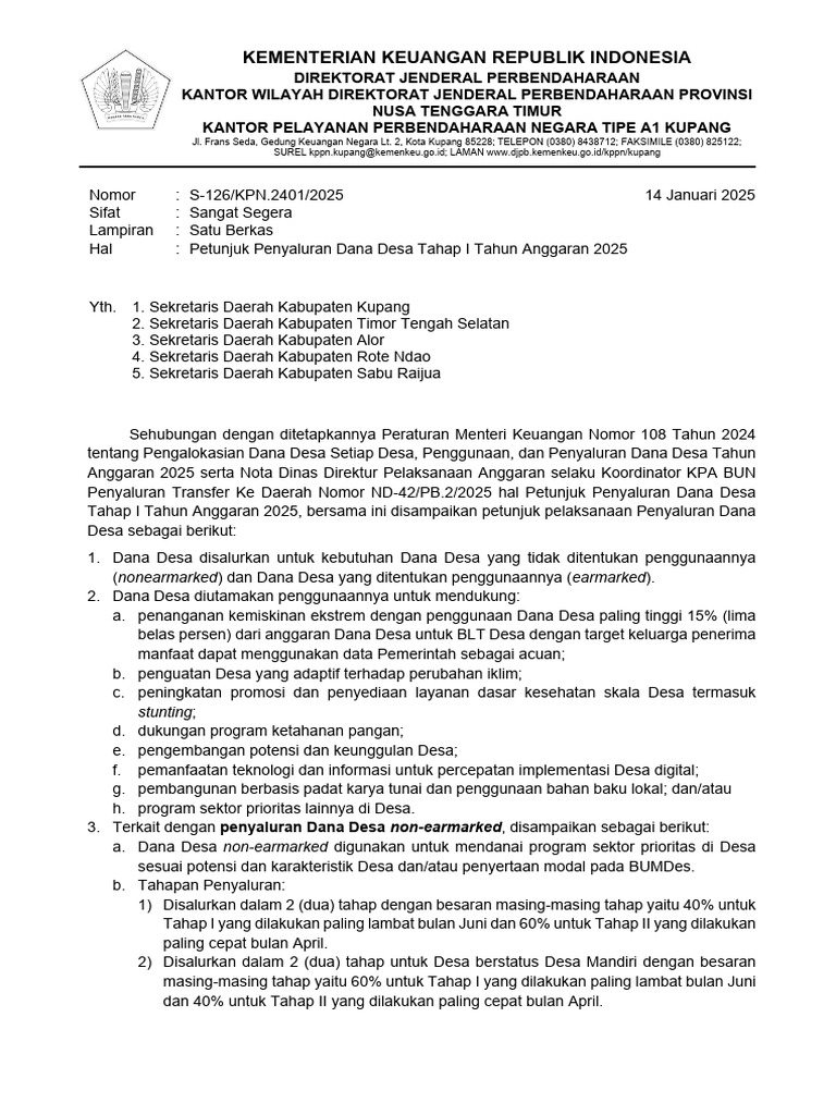 Petunjuk Penyaluran Dana Desa Tahap I Tahun Anggaran 2025 | PDF