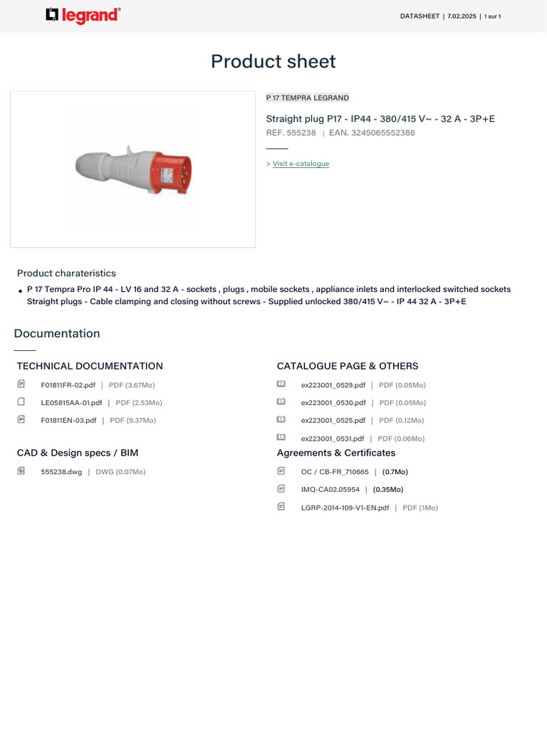 P17 Tempra Legrand Straight Plug 32A | PDF