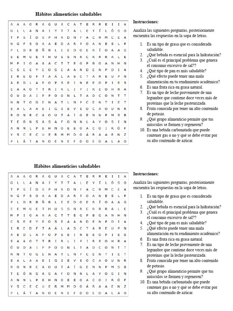 Sopa de Letras: Hábitos Alimenticios Saludables | PDF | Leche | Bebida