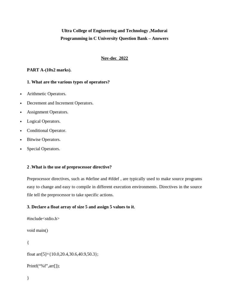 University Question Bank With Answer | PDF | Pointer (Computer ...