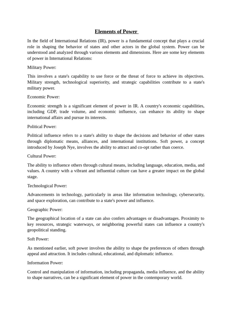 Key Elements of Power in IR | PDF | Power (Social And Political ...