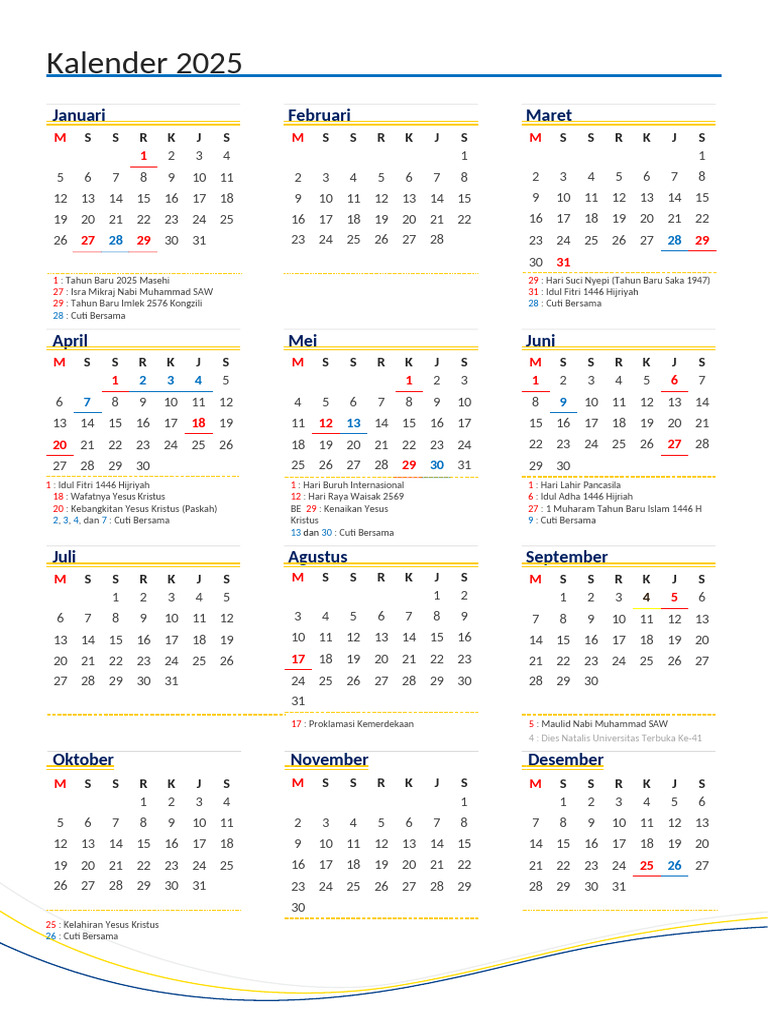 Kalender 2025 Masehi Libur Hari Raya Cuti Bersama Sederhana A4 Simple ...