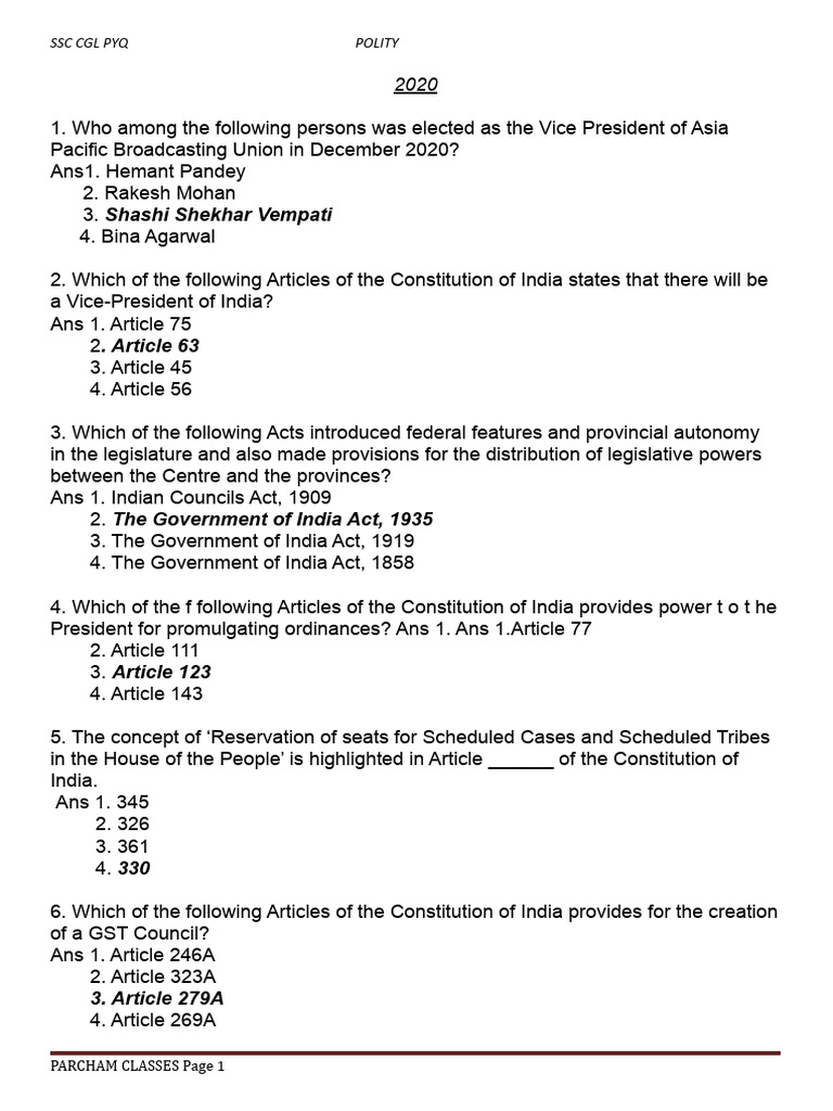 SSC CGL Polity Previous Year Questions | PDF | Politics Of India ...