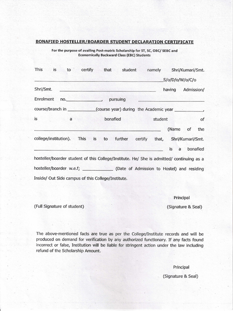 Hostel Bonafide Certificate for Scholarships | PDF