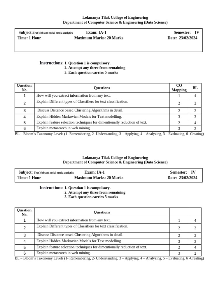 Data Science Exam Questions for CSE | PDF | Statistical Classification | Data Mining