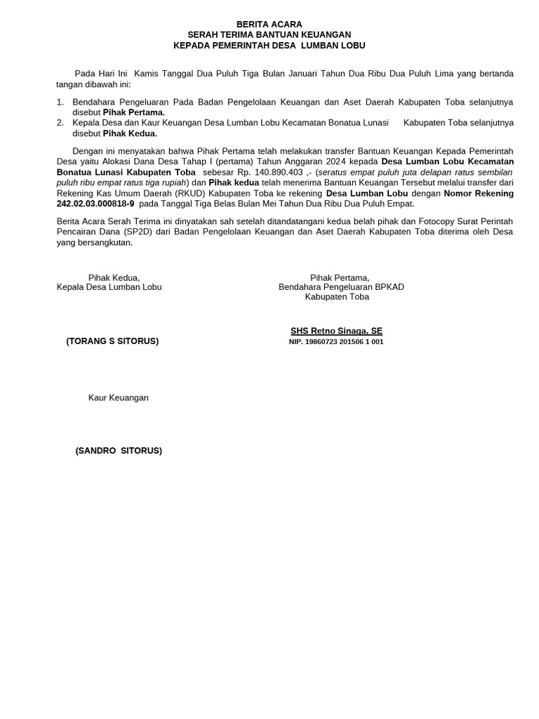 FORMAT BERITA ACARA SP2D 2024 Te | PDF