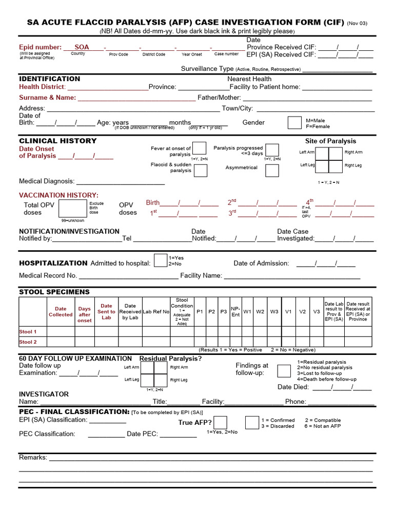 AFP CIF and Specimen Collection Guide | PDF | Public Health | Medicine
