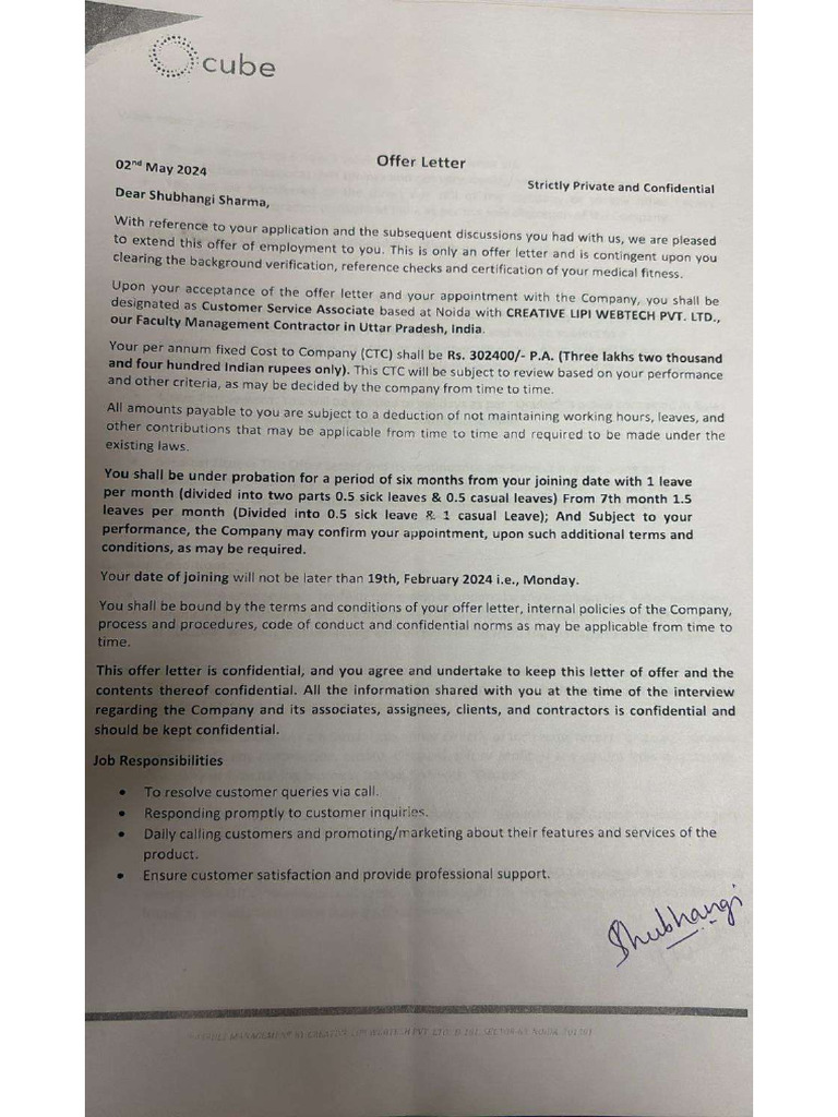 Offer Letter of Ocube Services | PDF