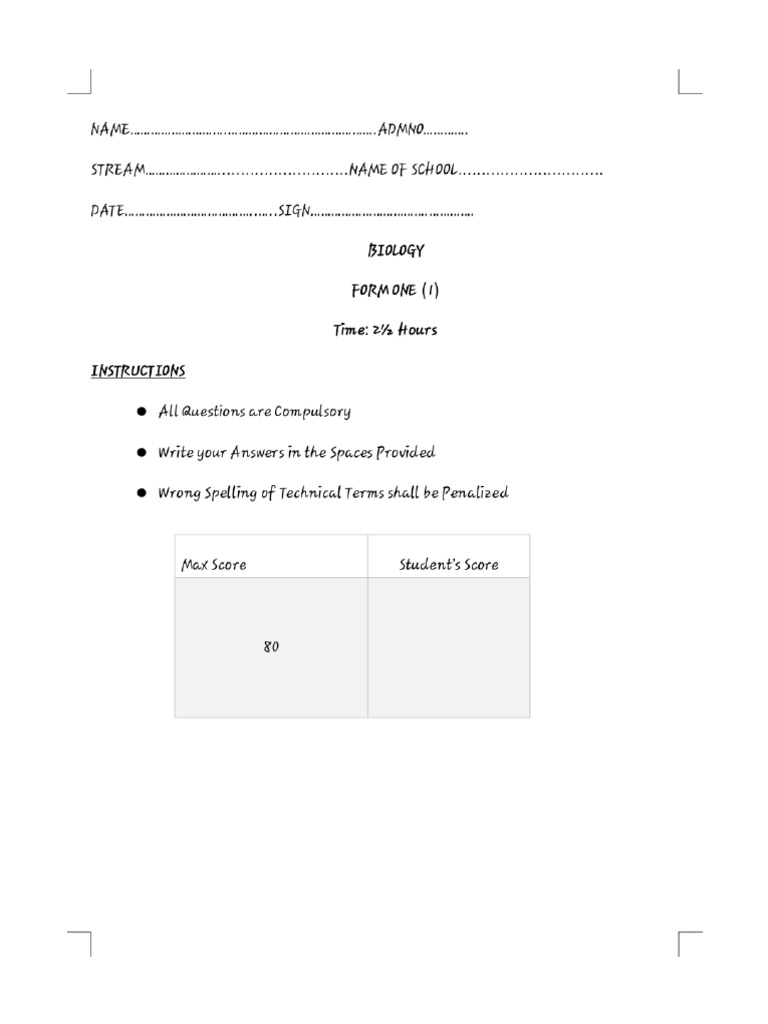 Form 1 Biology - Question Paper | PDF