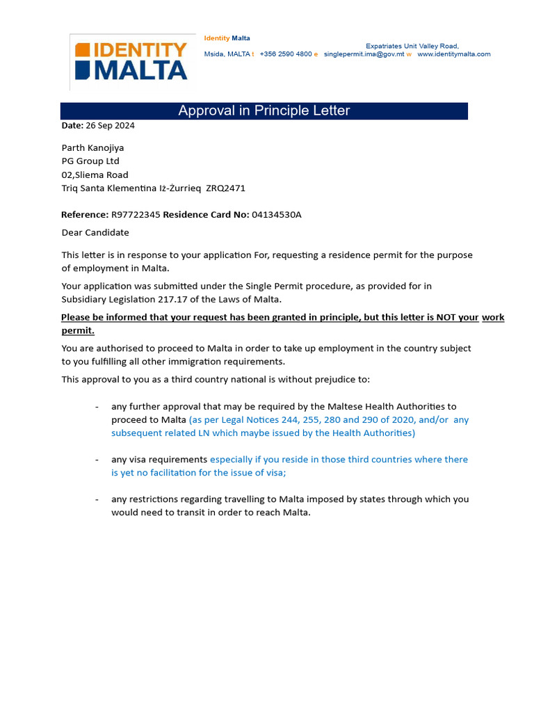 Malta Residence Permit Approval Letter | PDF | Travel Visa | Passport