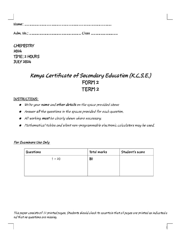Form 2 Chemistry - Question Paper_ | PDF