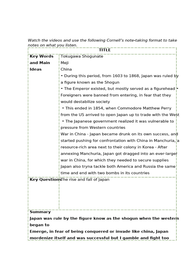 Cornell NOTE TAKING TEMPLATE-2 | PDF | Empire Of Japan | Japan