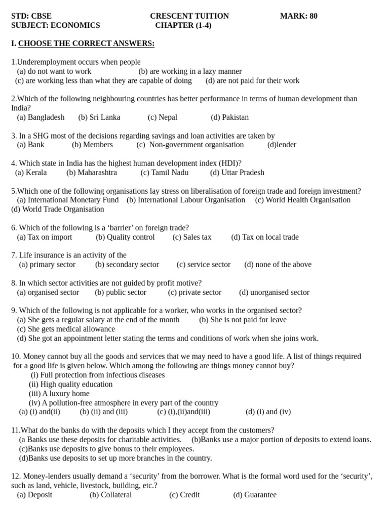 Economics Exam Questions and Answers | PDF | Underemployment | Unemployment
