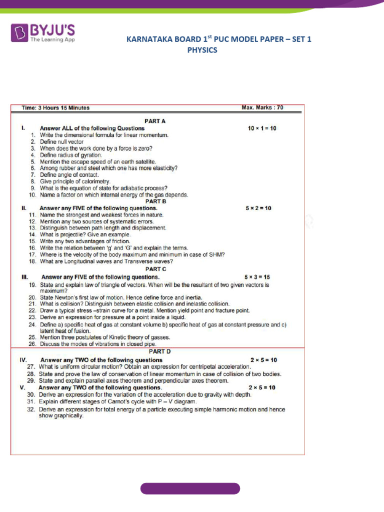 Karnataka 1st PUC Physics Model Paper | PDF