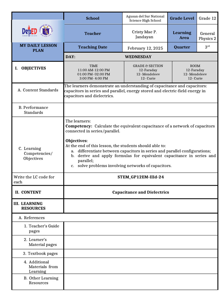 LESSON PLAN FORMAT | PDF | Capacitance | Capacitor
