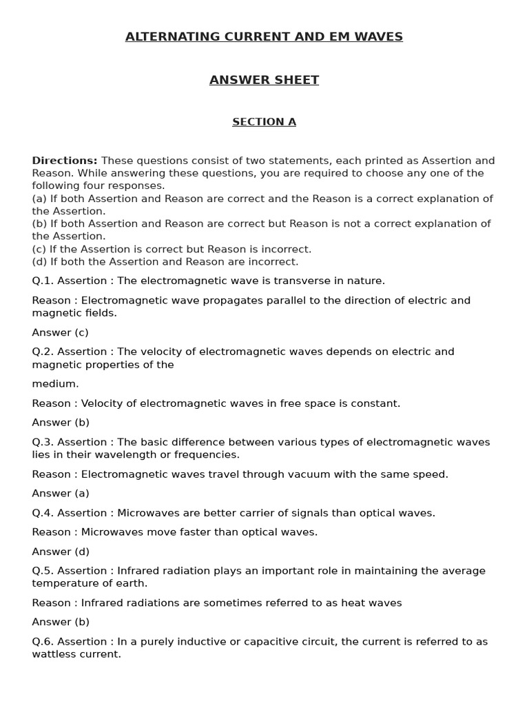 Alternating Current + em Waves Answers | PDF | Inductor ...