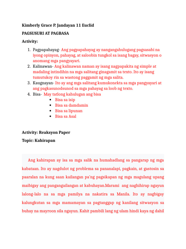 Assignment Sa Pagsusuri at Pagbasa | PDF