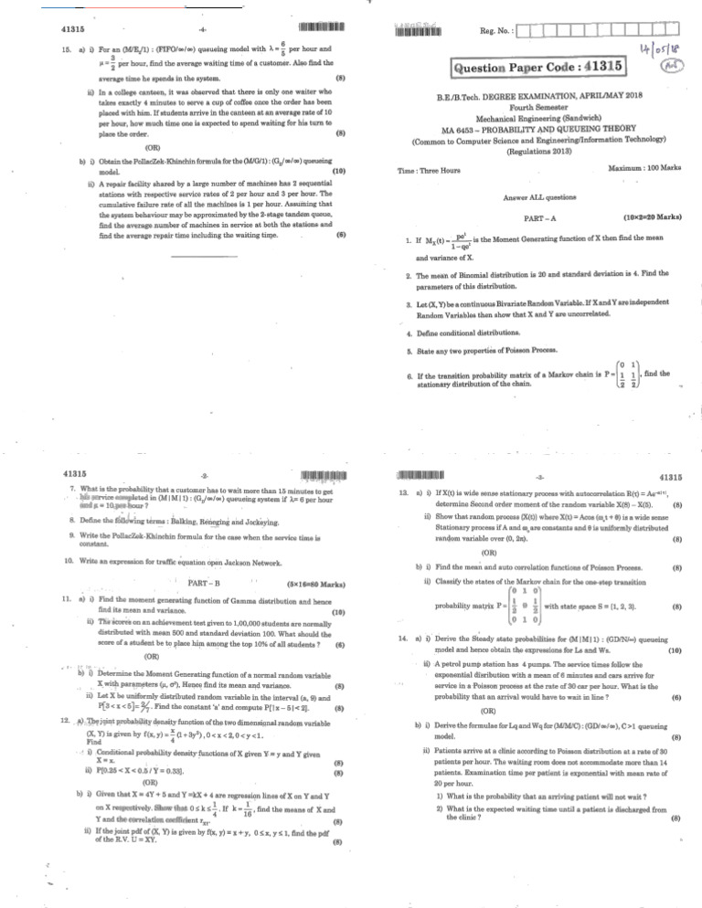 092 - MA8402, MA6453 Probability and Queueing Theory PQT - MA6453 May June 2018 Question Paper ...