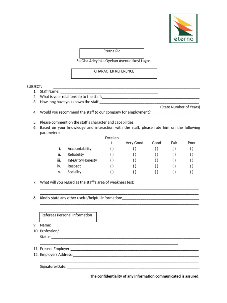 Character Reference Form | PDF