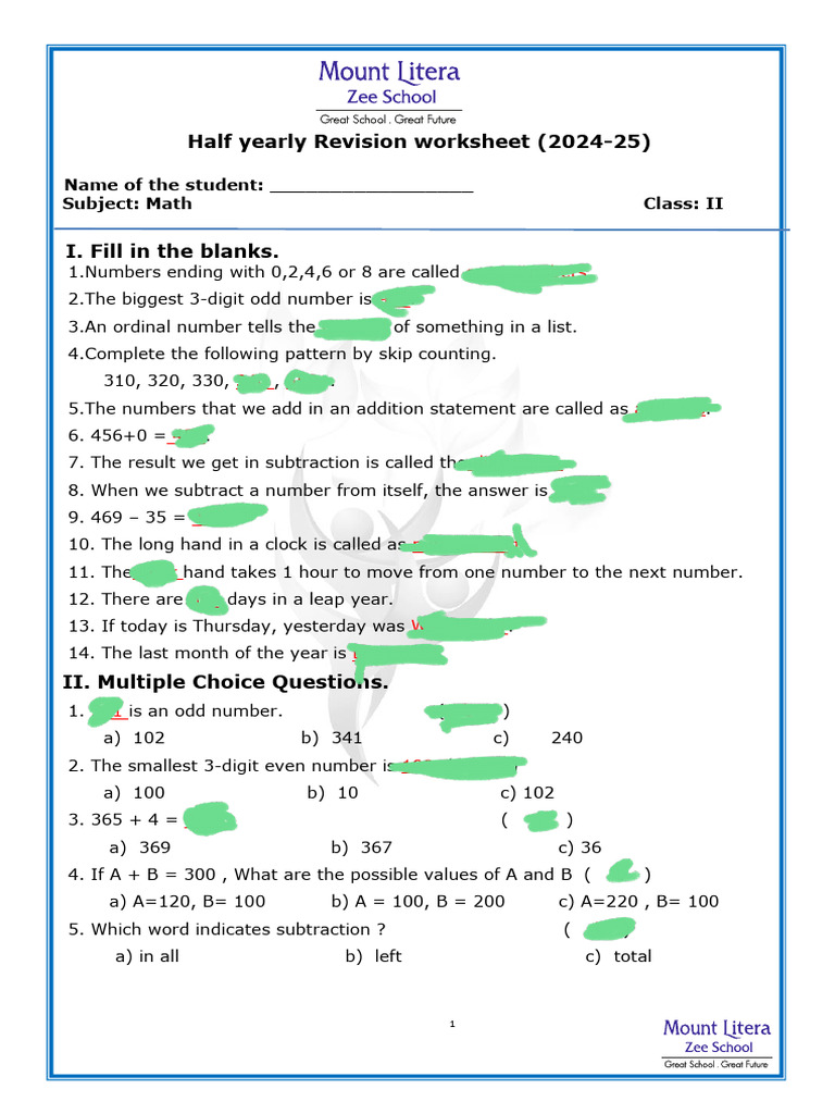 Grade 2 - Math Half Yearly Revision Worksheet With Answer Key | PDF ...
